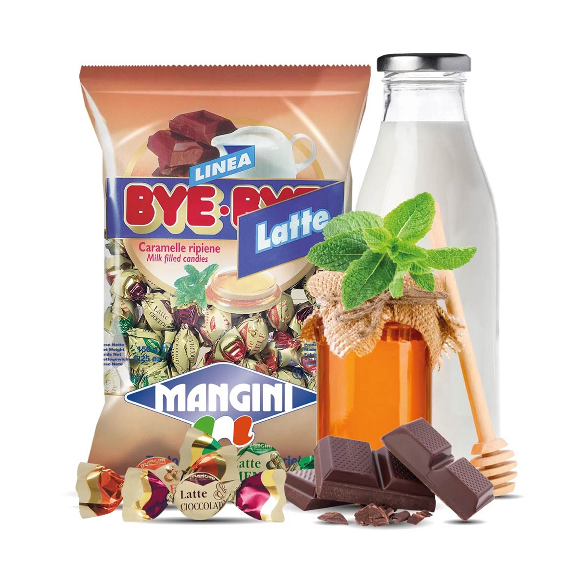 Bye Bye Latte Mint, Chocolate and Honey Filled Milk Candies by Mangini