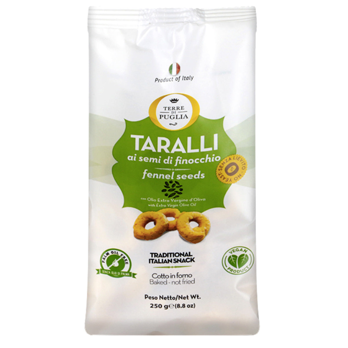 Italian Taralli with Fennel Seeds, Vegan & No Palm Oil, 8.8 oz (250 g)